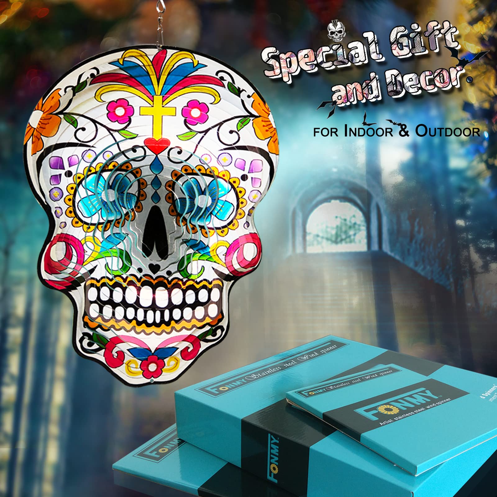 Fonmy Kinetic 3D Metal Garden Wind Spinner Unique Gifts Outdoor Decorations Quality Hanging Ornament for Home and Garden 12inch Mandala Silver Sugar Skull Wind Spinners
