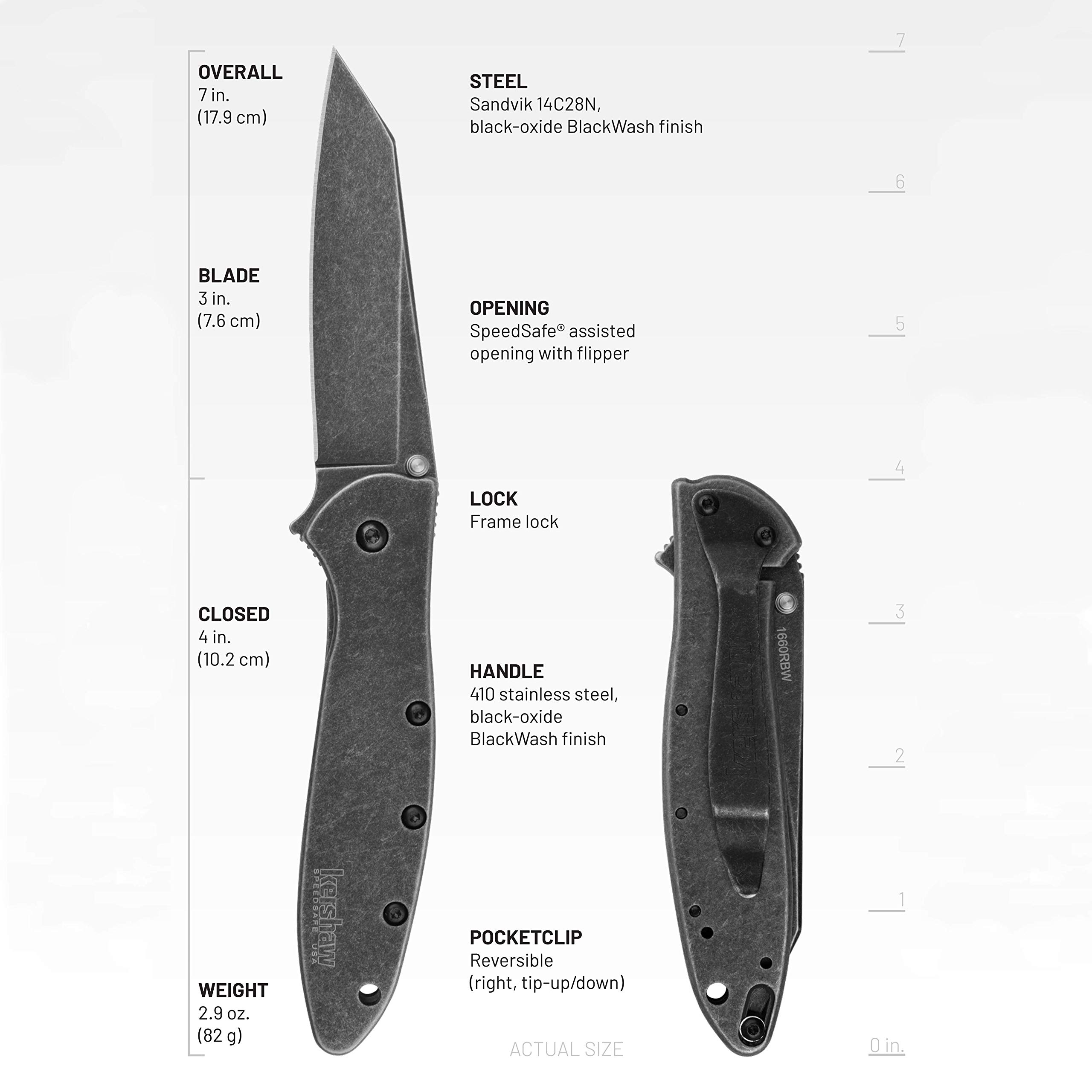 Kershaw Random Leek, Blackwash, 3 inch Sandvik 14C28N Stainless Steel Blade, SpeedSafe Opening, Reverse Tanto, 1660RBW