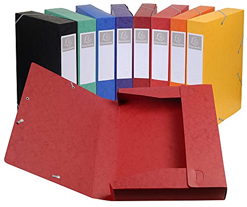 Exacompta - Ref 50400E - Elasticated Filing Boxes - 240 x 320mm in Size, Suitable for A4 Documents, 40mm Spine with Label - Assorted Colours (Pack of 8)