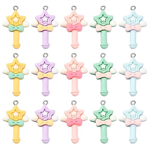 LiQunSweet 30 Pcs 5 Colors Opaque Resin Star Magic Stick Charms Magic Wand Fairy Tale Charms for Birthday Party Halloween Christmas Princess Cosplay
