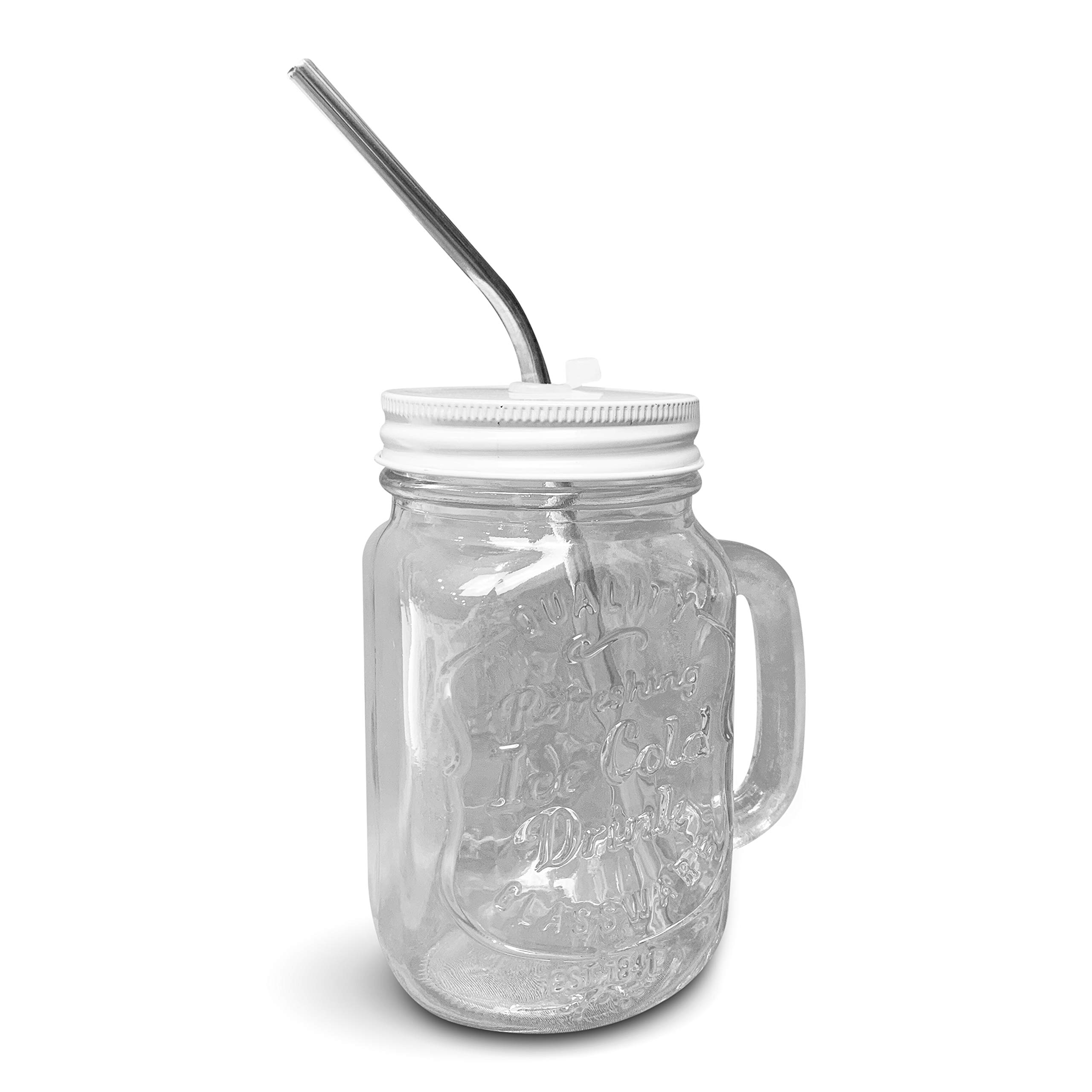 Home Suave Mason Jar Mugs with Handle, Regular Mouth, White Lids with 4 Reusable Stainless Steel Straw, Set of 4 (White), Kitchen GLASS 16 oz Jars, Dishwasher Safe