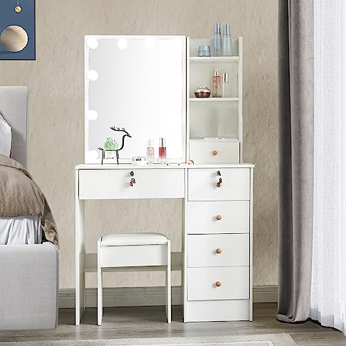 Vanity Desk with Power Outlet,White Vanity with Mirror and Lights, Makeup Vanity with 5 Drawers and Cushioned Stool, Makeup Table Set for Girls