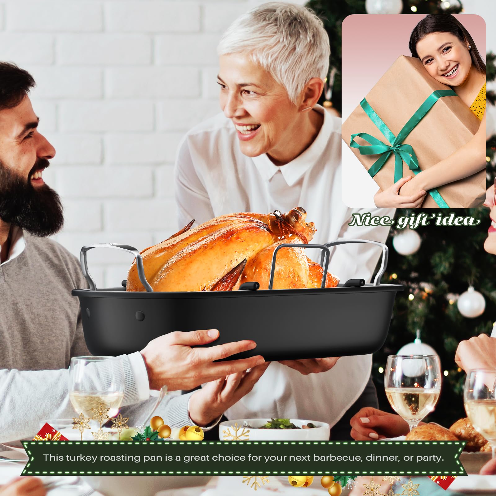 Nonstick Turkey Roasting Pan with Rack, 17 x 13 Inch Turkey Pan, large roaster pan for Meat & Vegetable, (Silver)