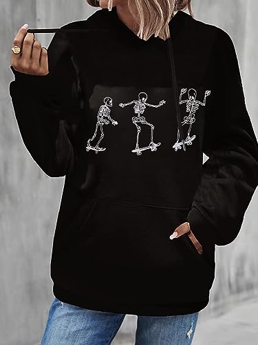 LilyCoco Women's Graphic Hooded Sweatshirt Crewneck Oversized Pullover Hoodies Skeleton Black X-Large