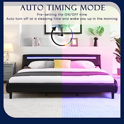 HAUSHECK King Size Upholstered Platform Bed, LED Bed Frame with Lights Headboard, Modern Faux Leather Bedframe No Spring Box Needed for Kids, Teen & Adults, King Beds with Strong Wood Slats Support