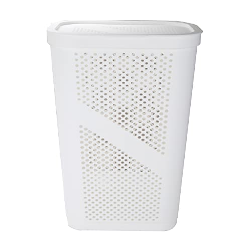 Mind Reader Basket Collection, Slim Laundry Hamper, 60 Liter (15kg/33lbs) Capacity, Cut Out Handles, Attached Hinged Lid, Ventilated, 13.75"L x 17.25"W x 23.5"H, White