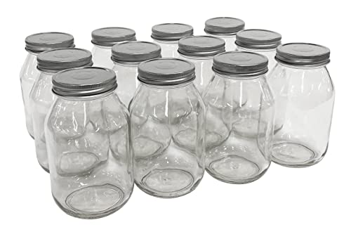 North Mountain Supply 32 Ounce Quart Glass Regular Mouth Mason Canning Jars - With Silver Safety Button Lids - Case of 12