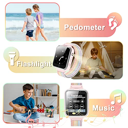 PTHTECHUS Kids Game Smart Watch for Boys and Girls,Smartwatch with 24 Puzzle Games Nylon Strap Dual Cameras Touch Screen Music Player Pedometer Multi-Function for 4-12 Years Children Gifts-Pink