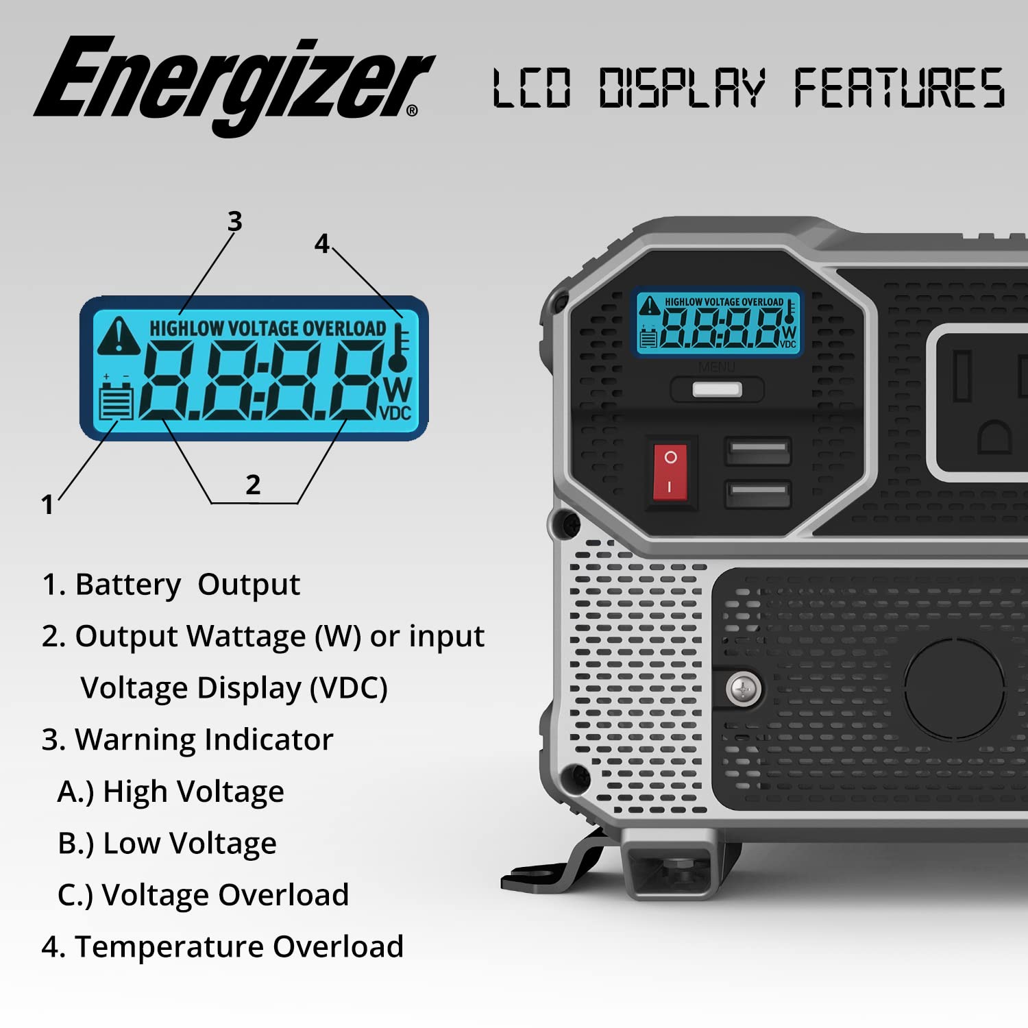 Energizer 3000 Watts Power Inverter Modified Sine Wave Car Inverter, 12V to 110 Volts, Two AC Outlets, Two USB Ports (2.4 Amp) Hardwire Kit, Battery Cables Included β ETL Approved Under UL STD 458