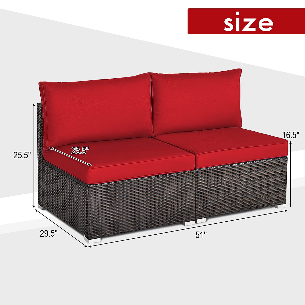 Tangkula 2 PCS Outdoor Wicker Armless Sofa, Patio Rattan Sectional Sofa Set w/2 Thick Seat Cushions and 2 Back Cushions, Additional Seats for Balcony Garden Patio Poolside (Red)