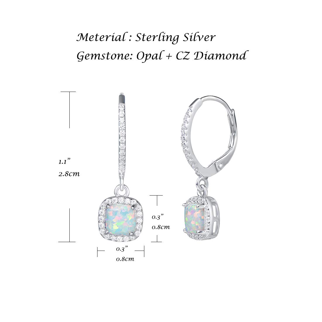 FANCIME Lever Back Earrings Created Opal October Birthstone Earrings Sterling Silver White Fire Opal Halo Cubic Zirconia Square French Back Earrings Jewelry for Women