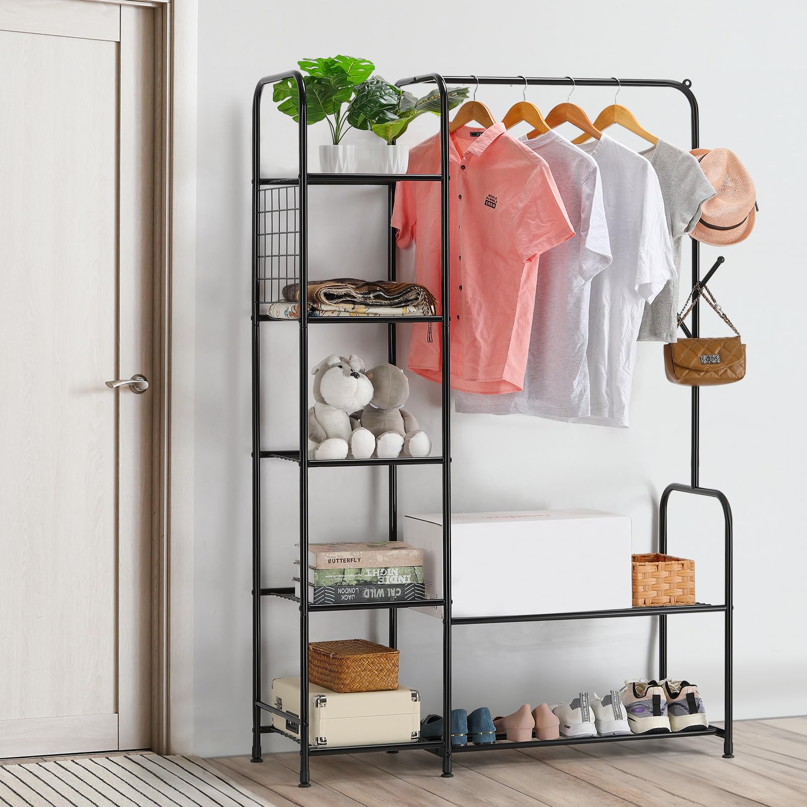 HEOMU Garment Rack with Shelves, Freestanding Clothes Rack, Portable Clothing Racks for Hanging Clothes, Coats, Shirts, Black
