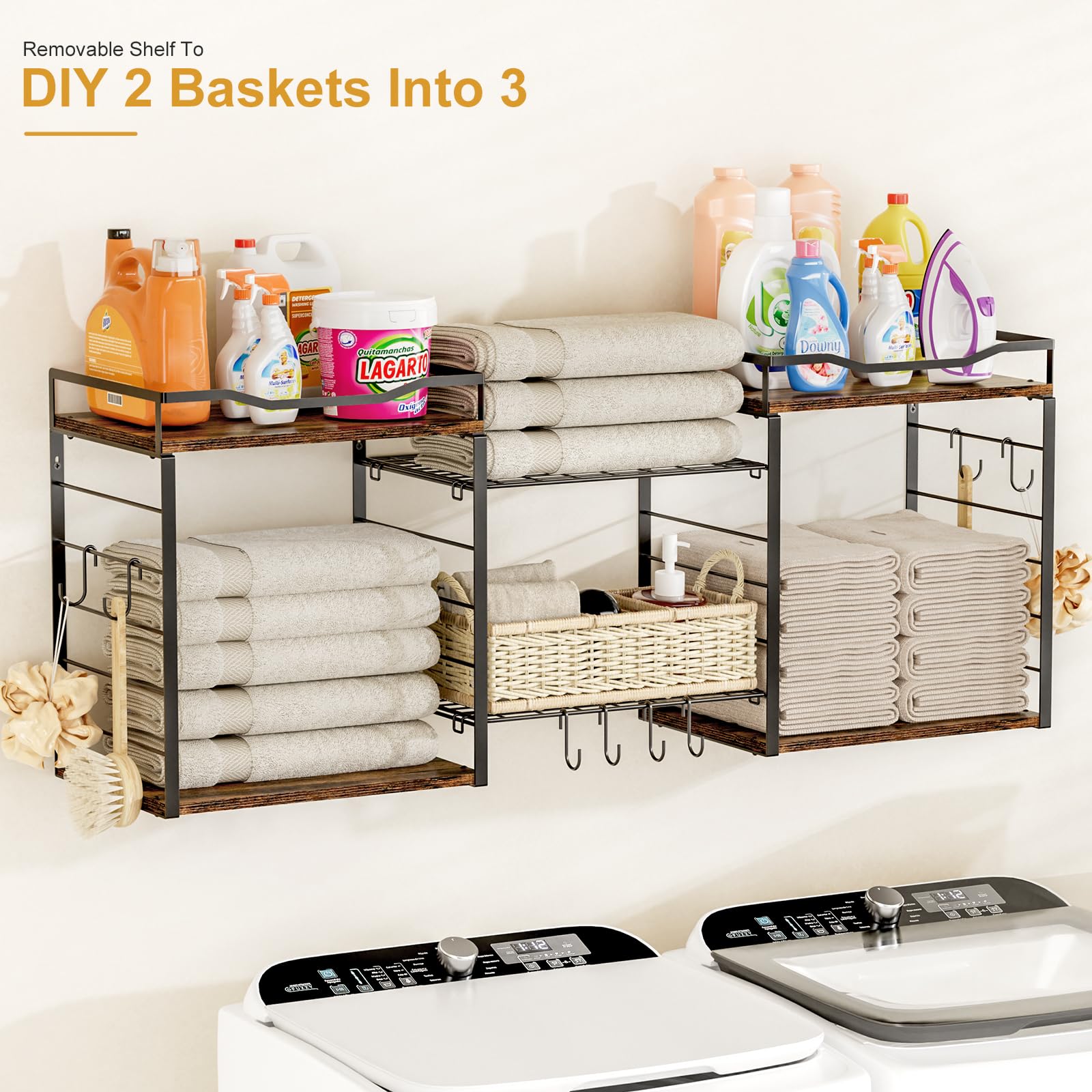 LIDTOP 2 Pack Laundry Room Shelves for Wall Mounted with Metal Baskets, Laundry Shelves Over Washer and Dryer Shelf, 3 Tier Organization and Storage Shelves for Laundry Bathroom Kitchen, 8 Hooks