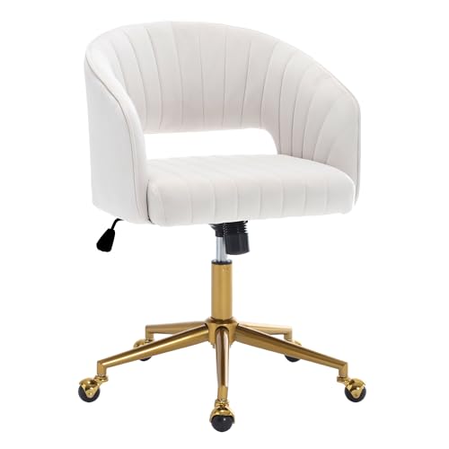 Homedraft Home Office Swivel Desk Chair, Modern Velvet Desk Chair, Height Adjustable Armchair with Gold Base, Ergonomic Office Chair for Living Room Vanity Study Computer Room, Cream