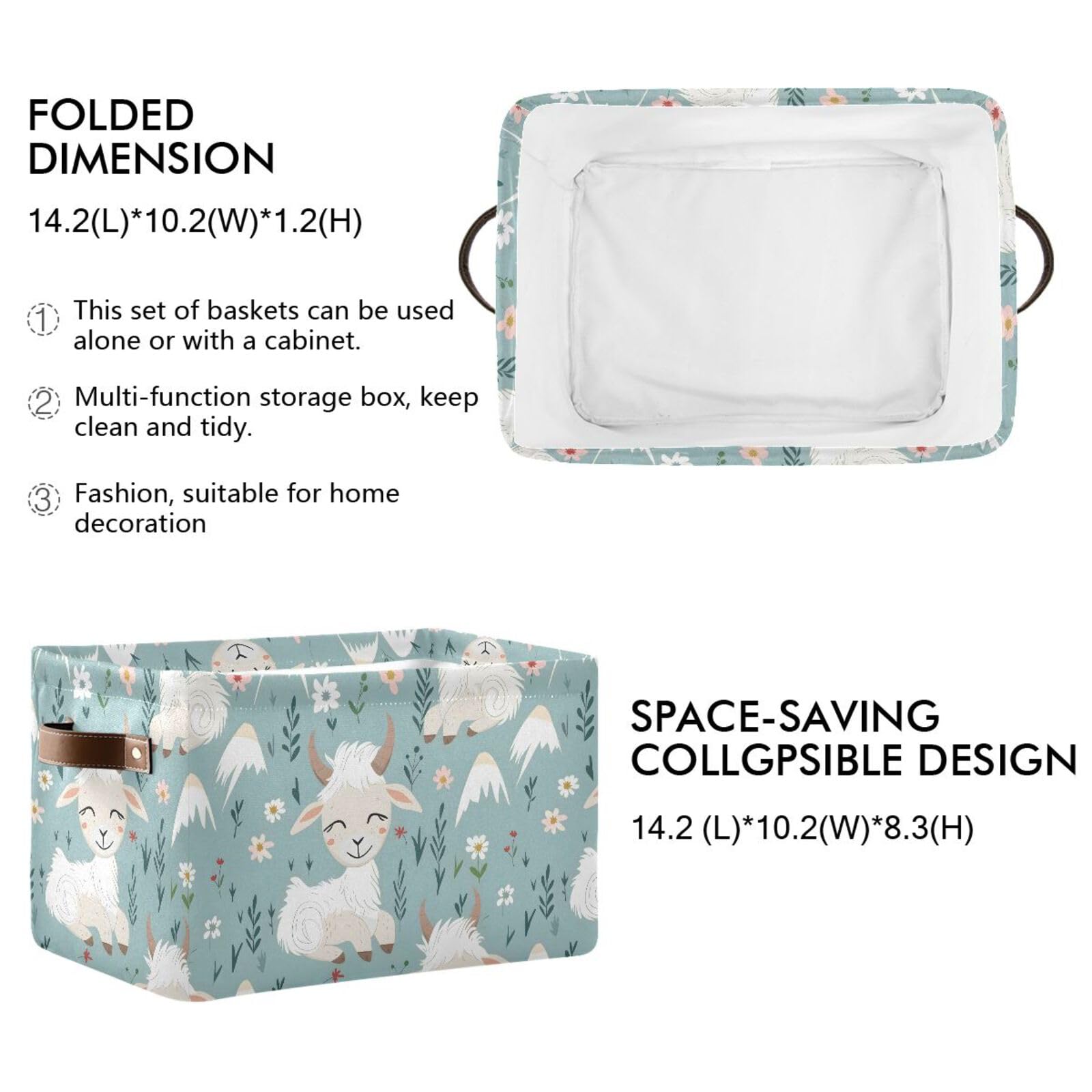 SUABO Cute Baby Goats with Floral Toy Basket,Collapsible Storage Bin Basket with Handles Laundry Baskets,Shelf Basket Nursery Storage for Bedroom Playroom,Set 1