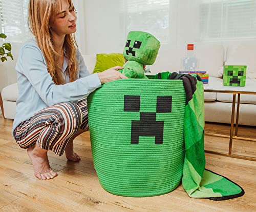 Minecraft Green Creeper Woven Cotton Rope Hamper Storage Basket For Laundry, Dirty Clothes Organizer