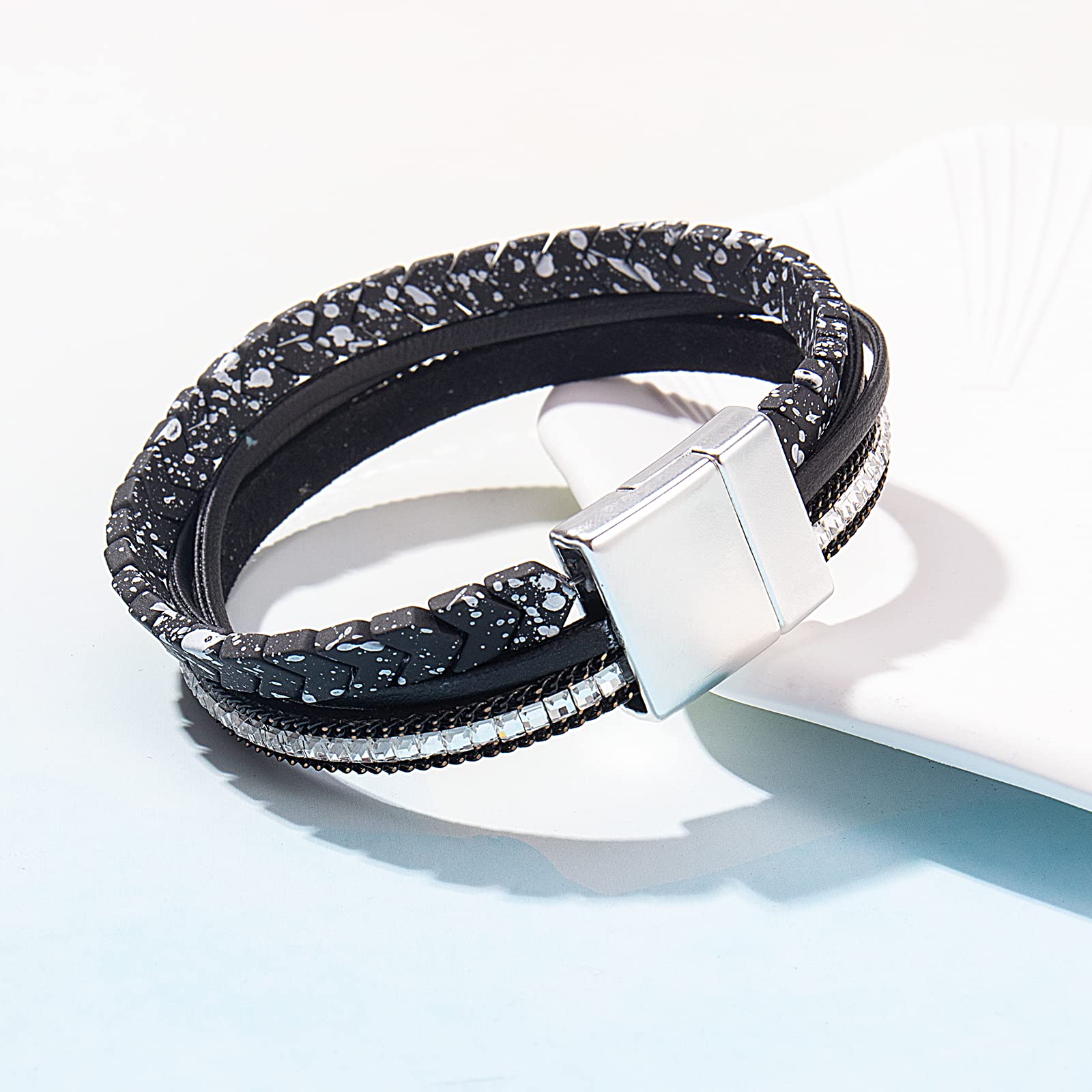 FANCY SHINY Hematite Leather Wrap Bracelets Beaded Healing Stone Cuff Bracelet Rhinestone Boho Jewelry Gift for Women with Clasp(Silver)