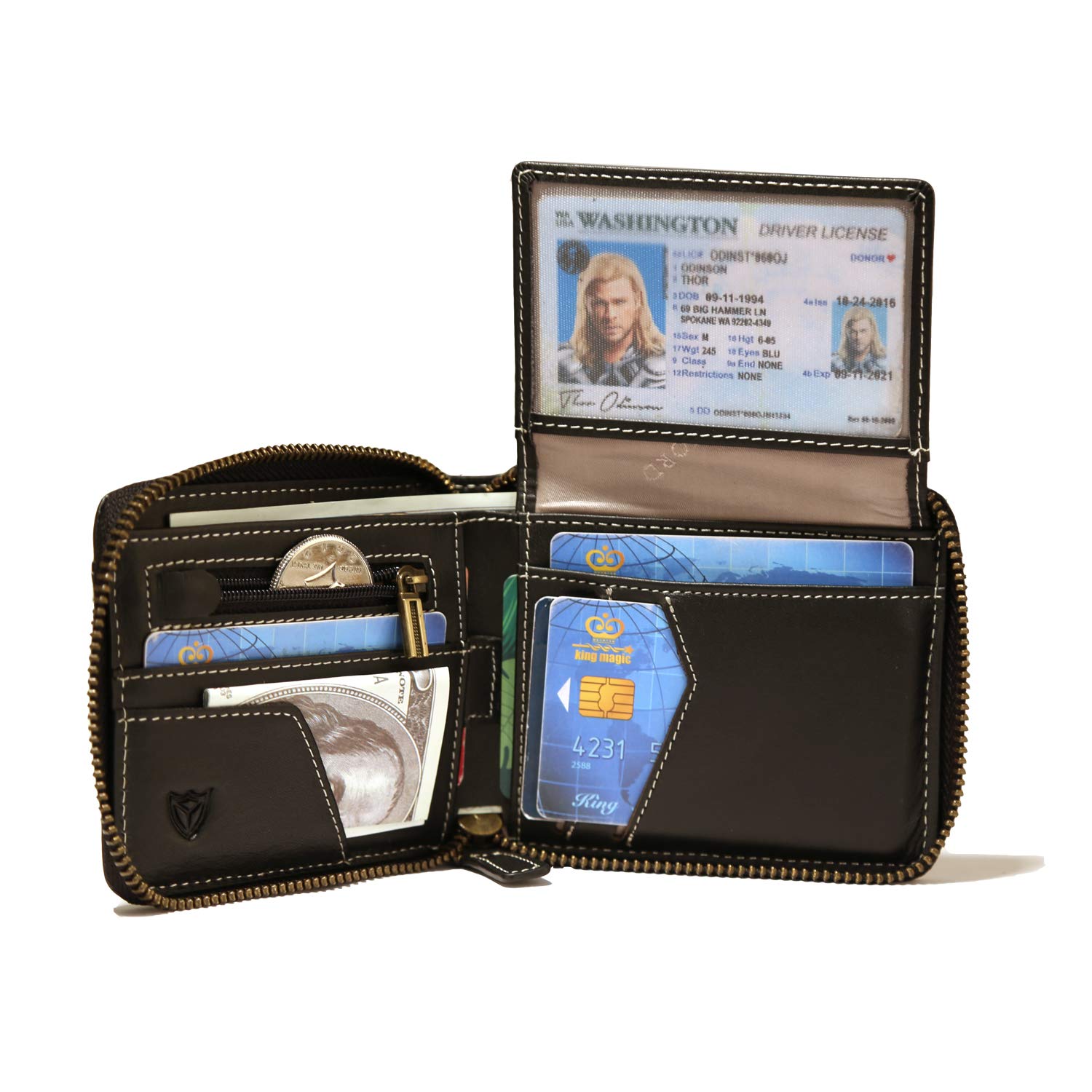 DONWORD RFID Men's Leather Zipper wallet Zip Around Wallet Bifold Multi Card Holder Purse (Black)