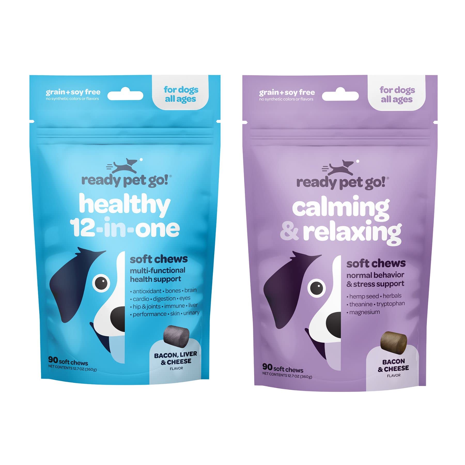 Ready Pet Go! Calming & Multivitamin Chews for Dogs | Vitamins for Skin, Coat, Hip & Joint Health | Helps with Dog Anxiety, Separation & Barking | 90 Chews Each