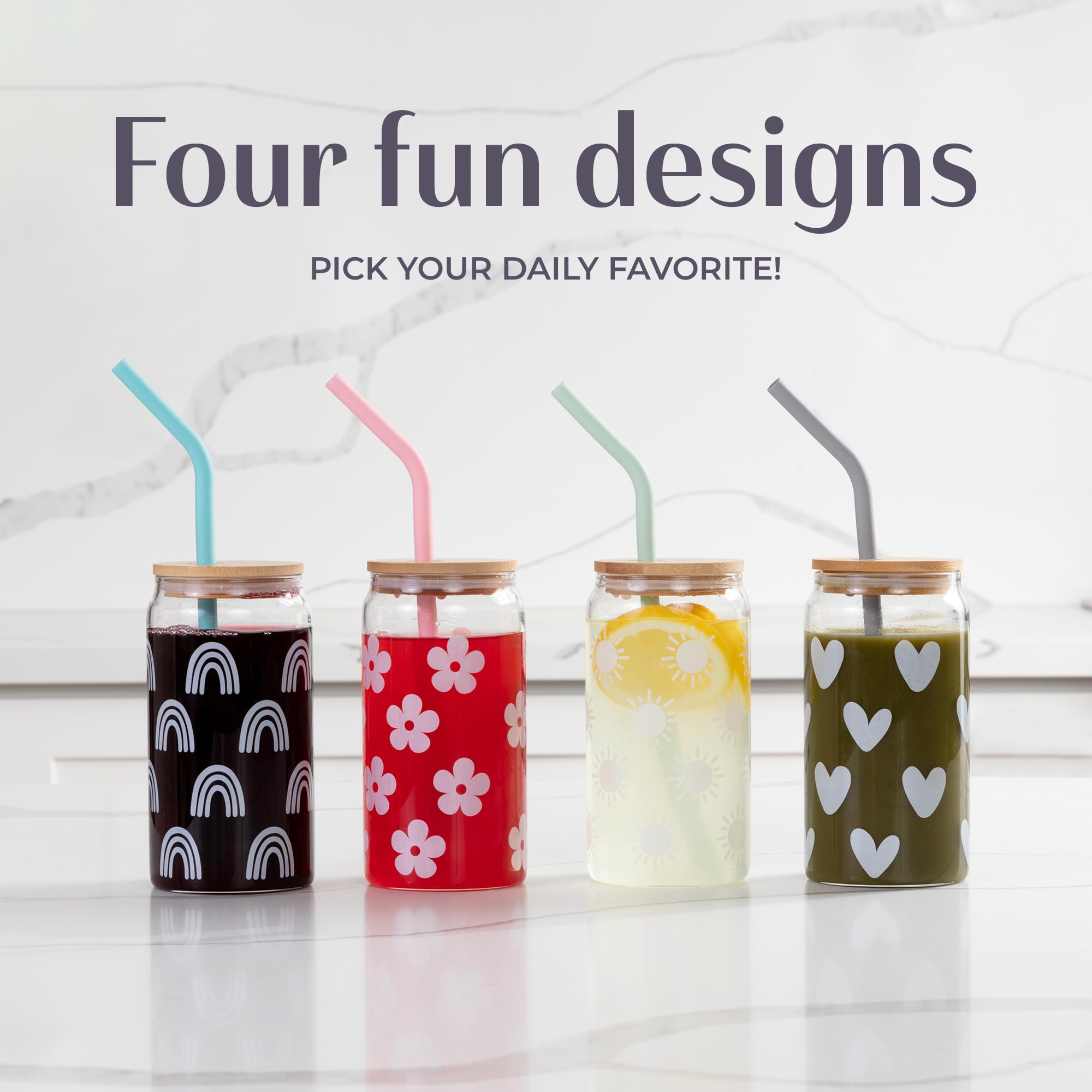 Drinking Glasses with Bamboo Lids - 16oz Glass Cups with Airtight Lid and Wide Silicone Straws - Set of Four - Can Shape Glassware with Fun Designs