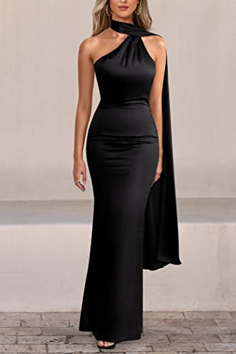 PRETTYGARDEN Women's Maxi Satin Dress Sleeveless Halter Neck Backless Long Formal Evening Cocktail Dresses (Black,Small)