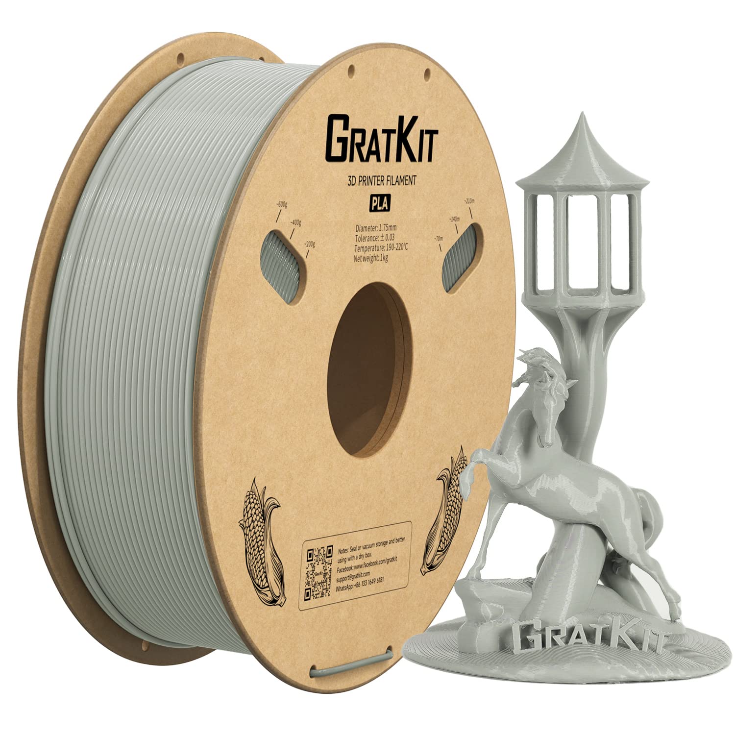 GratKit PLA 3D Printer Filament 1KG, PLA Filament 1.75mm,+/-0.03mm, 3D Printing Filament Grey