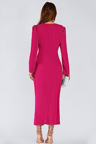 PRETTYGARDEN Women's Fall Fashion 2023 Long Puff Sleeve Maxi Dresses V Neck Twist Front Formal Dress with Slit (Rose Red,Medium)