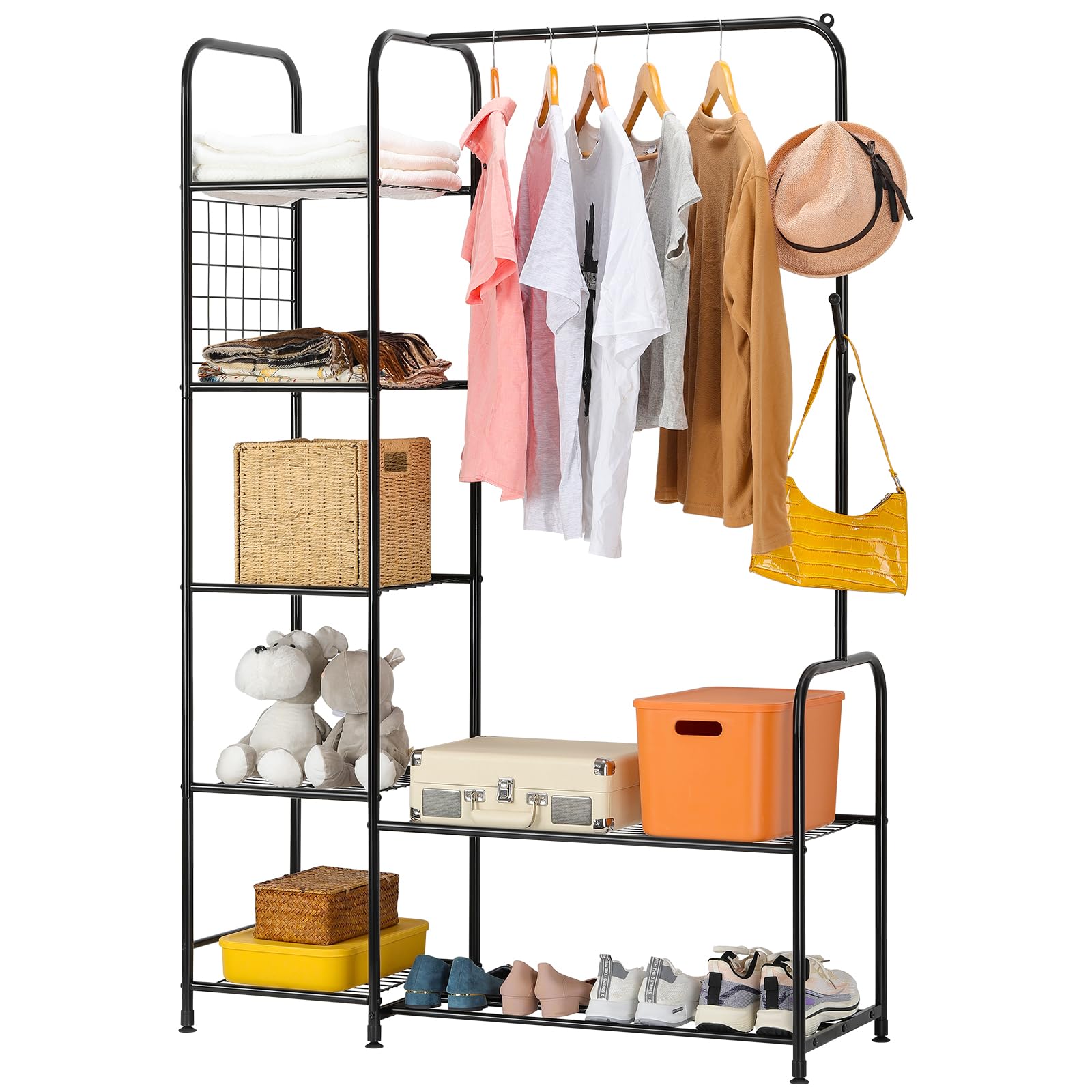 HEOMU Garment Rack with Shelves, Freestanding Clothes Rack, Portable Clothing Racks for Hanging Clothes, Coats, Shirts, Black