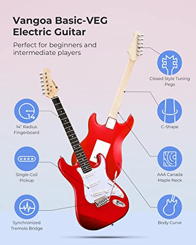 Electric Guitar Beginner Kit, 39 Inch Full Size Electric Guitar with Amp for Beginners Adults Teens, Metallic Red, by Vangoa