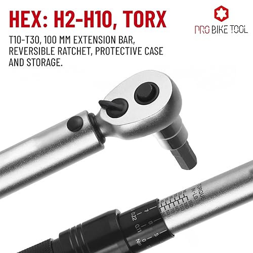 PRO BIKE TOOL 1/4 Inch Drive Click Torque Wrench Set β Inch Pound Nm Dual Readout β Bicycle Maintenance Kit for Road & Mountain Bikes - Includes Allen & Torx Sockets, Extension Bar & Storage Box