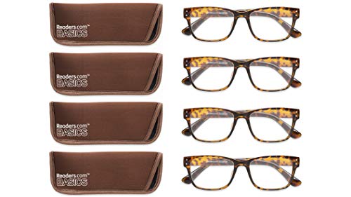 Readers Readers.com Fully Magnified Reading Glasses: The McNealy - 4 Pairs, Classic Rectangle for Women and Men - Tortoise, 1.25