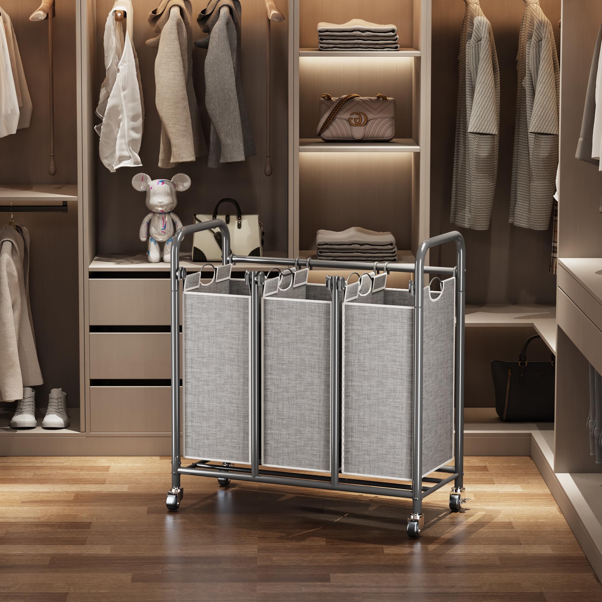HOMEIJU 3-Bag Laundry Sorter, Laundry Hamper Cart with Heavy Duty Rolling Lockable Wheels and Removable Bags, Laundry Organizer Basket Clothes Separator Hamper, Grey, Large, KJ3009