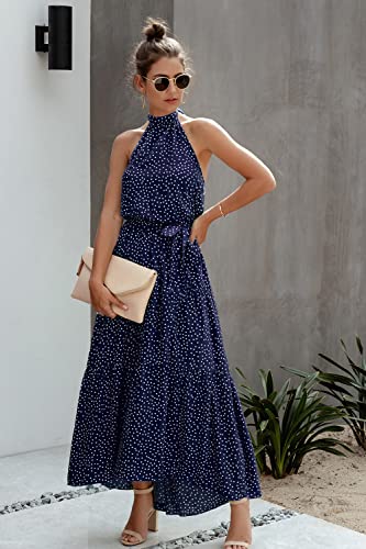 PRETTYGARDEN Women’s Casual Halter Neck Sleeveless Floral Long Maxi Dress Backless Loose Ruffle Sundress with Belt (Navy,X-Large)