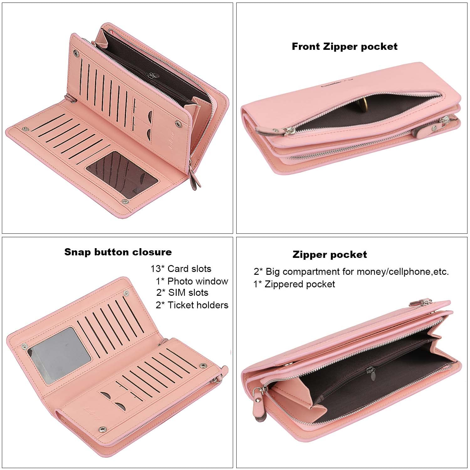 Women’s Long PU Leather Wallet with Credit Card Holders Money Organizer Zipper Purse Wristlet Handbag (A Pink)