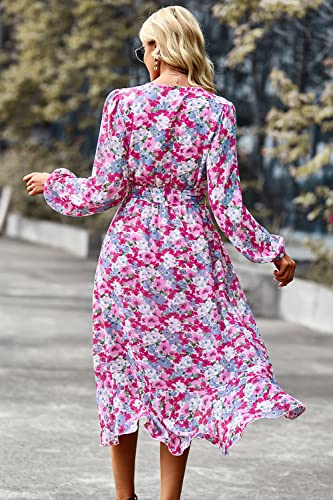 PRETTYGARDEN Women's Floral Print Boho Dress Long Sleeve Wrap V Neck Ruffle Belted A-Line Flowy Maxi Dresses (Floral Pink,Large)