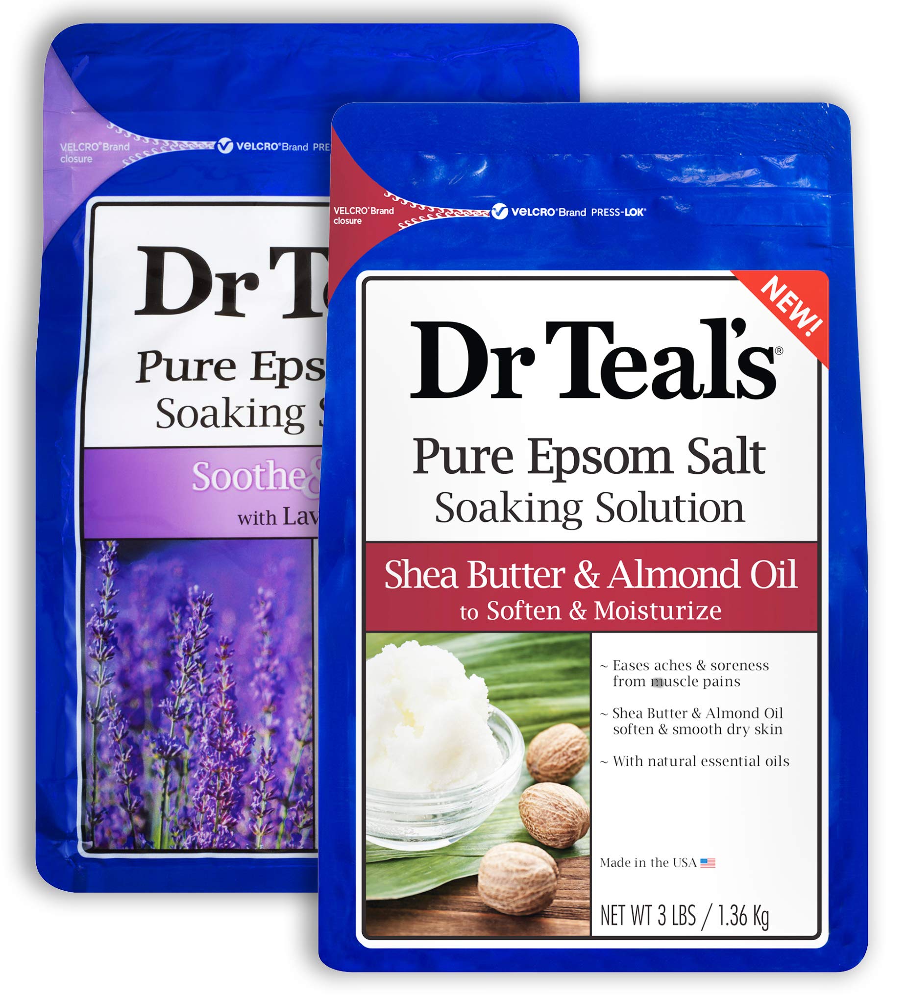 Dr Teal's Epsom Salt Bath Variety Gift Set (2 Pack, 3lb Ea) - Soothe & Sleep Lavender, Soften & Moisturize Shea Butter & Almond Oil - Ease Aches & Pains, Nourish & Hydrate Skin - at Home Spa Kit