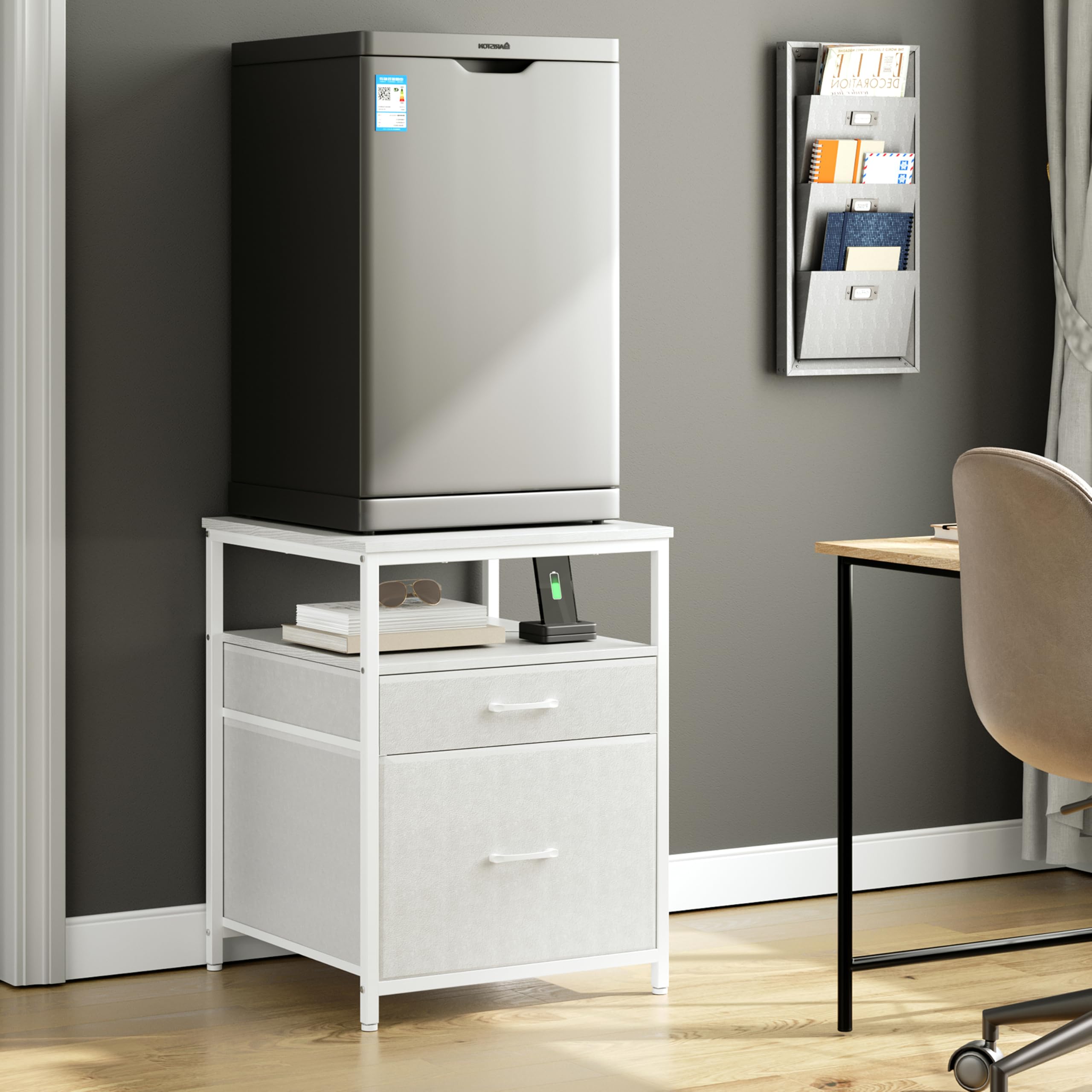 Herture Mini Fridge Stand with 3 Storage, Mini Fridge Cabinet, Beverage Fridge Table, Heavy Duty 21.3" L* 22.7" W Tabletop, for Dorm, Apartment,Office, Bedroom White HB01BXW