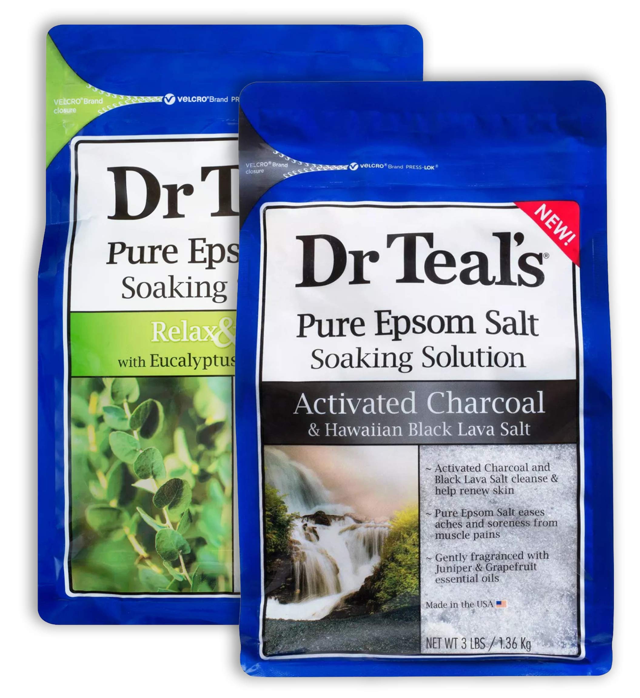 Dr Teal's Epsom Salt Bath Combo Pack (6 lbs Total), Relax & Relief with Eucalyptus & Spearmint, and Charcoal & Hawaiian Black Lava Salt