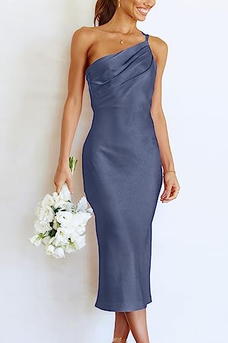 PRETTYGARDEN Women's Midi Satin Dress One Shoulder Spaghetti Strap Backless Ruched Summer Bodycon Dresses (Dark Grey Blue,Small)