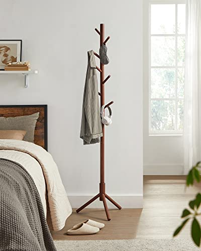 VASAGLE Solid Wood Coat Rack, Free Standing Coat Rack, Tree-Shaped Coat Rack with 8 Hooks, 3 Height Options, for Clothes, Hats, Bags, for Living Room, Bedroom, Home Office, Dark Walnut URCR04WN