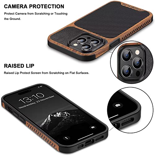 TENDLIN Compatible with iPhone 14 Pro Case Wood Grain with Carbon Fiber Texture Design Leather Hybrid Slim Case Black