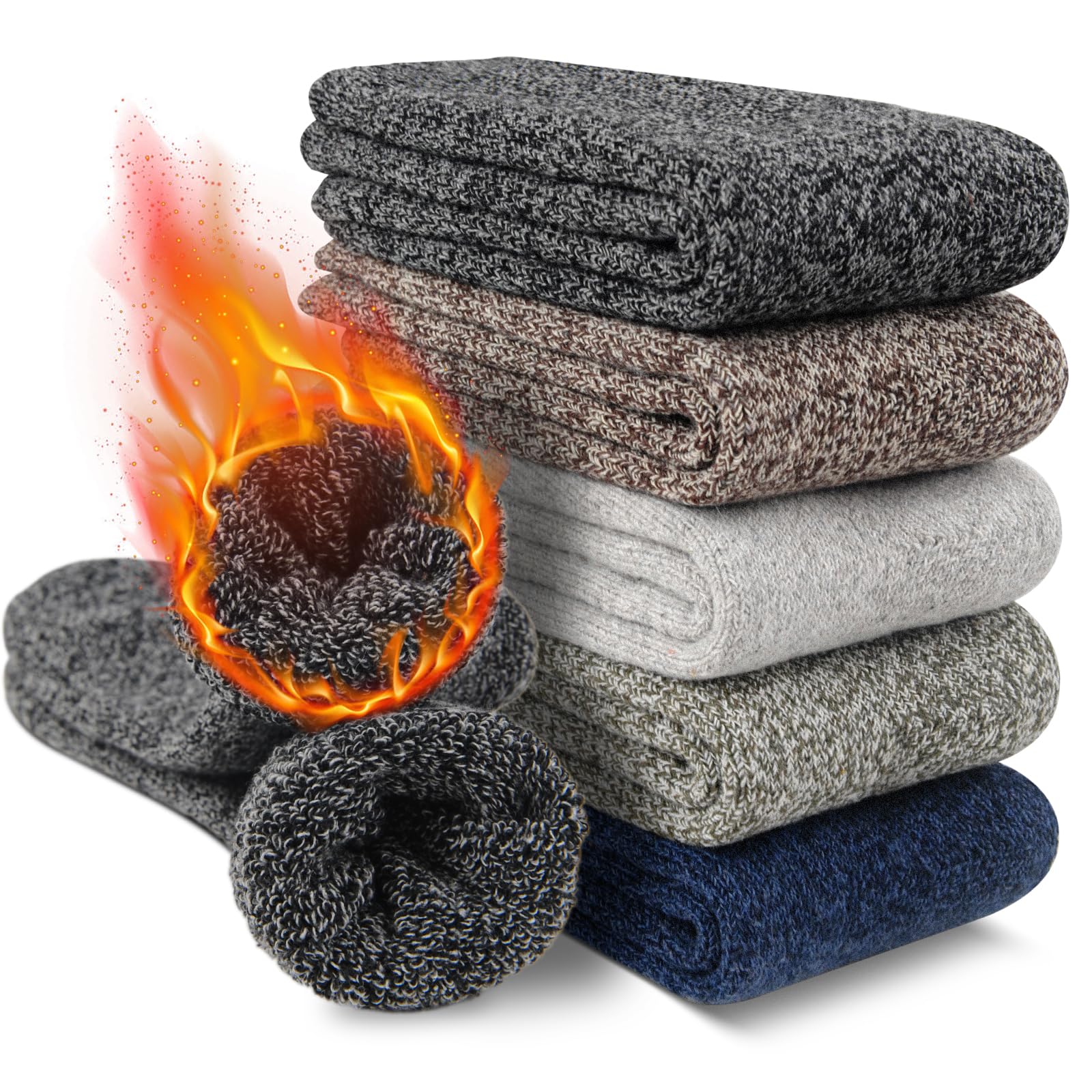 EXCELLENT THERMAL Merino Wool Socks Men, Winter Soft Thick Warm Socks for Men, Cozy Crew Hiking Socks Size 7-13(5 Pairs)