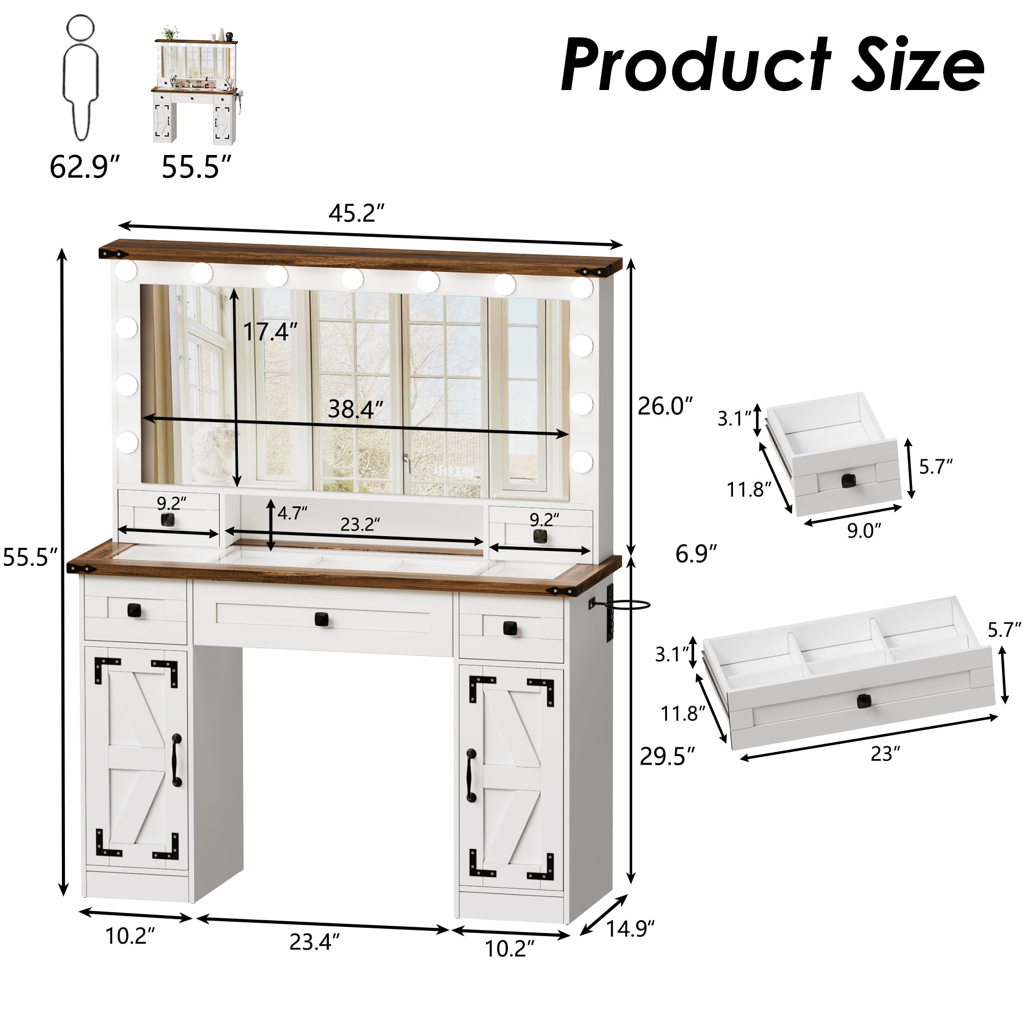 PAKASEPT Makeup Vanity Desk with Mirror and Lights, Glass Tabletop Farmhouse Vanity Table with Drawers, Charging Station, Cabinet for Bedroom,White