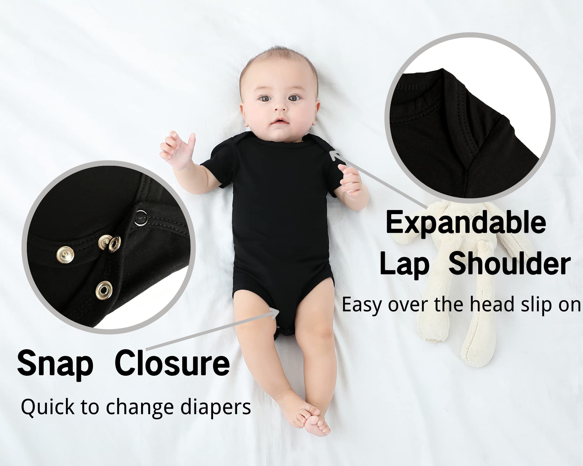 Rayon Bodysuit for Girls, Black Short Sleeve Bodysuits, Baby Boy Undershirt 12-18 Months