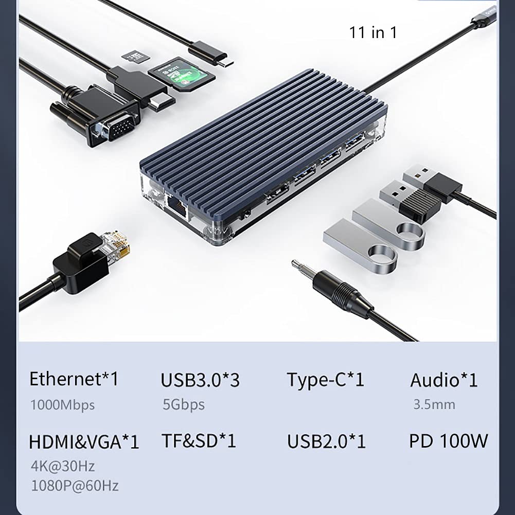 Hub Dock Adapter USB C Hub 11 in 1 Type C Adapter with HDMI, VGA, 100W PD, 3 USB 3.0, USB 2.0, Ethernet, SD/TF Card Reader, 3.5mm Audio Computer Accessories