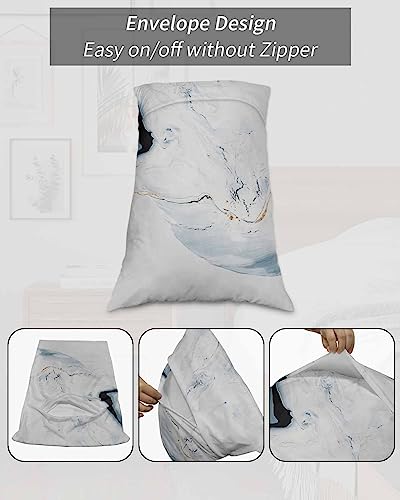 Navy Blue Marble Pillow Covers Standard Size Set of 2 Bed Pillow, Modern Yellow Lines Abstract Art Aesthetics Plush Soft Comfort for Hair/ Skin Cooling Pillowcases with Envelop Closure 20''x26''