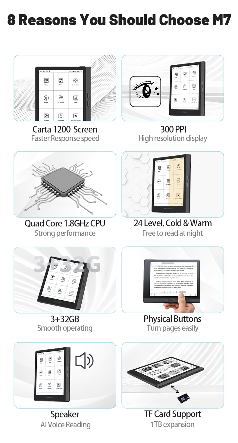 MEEBOOK M7 e-Book Reader, 2023 New 6.8" 300PPI HD E-Ink Screen Ereader, Cold/Warm Light, Android 11, Support Google Play Store,Speaker/OTG/Type C,3GB+32GB