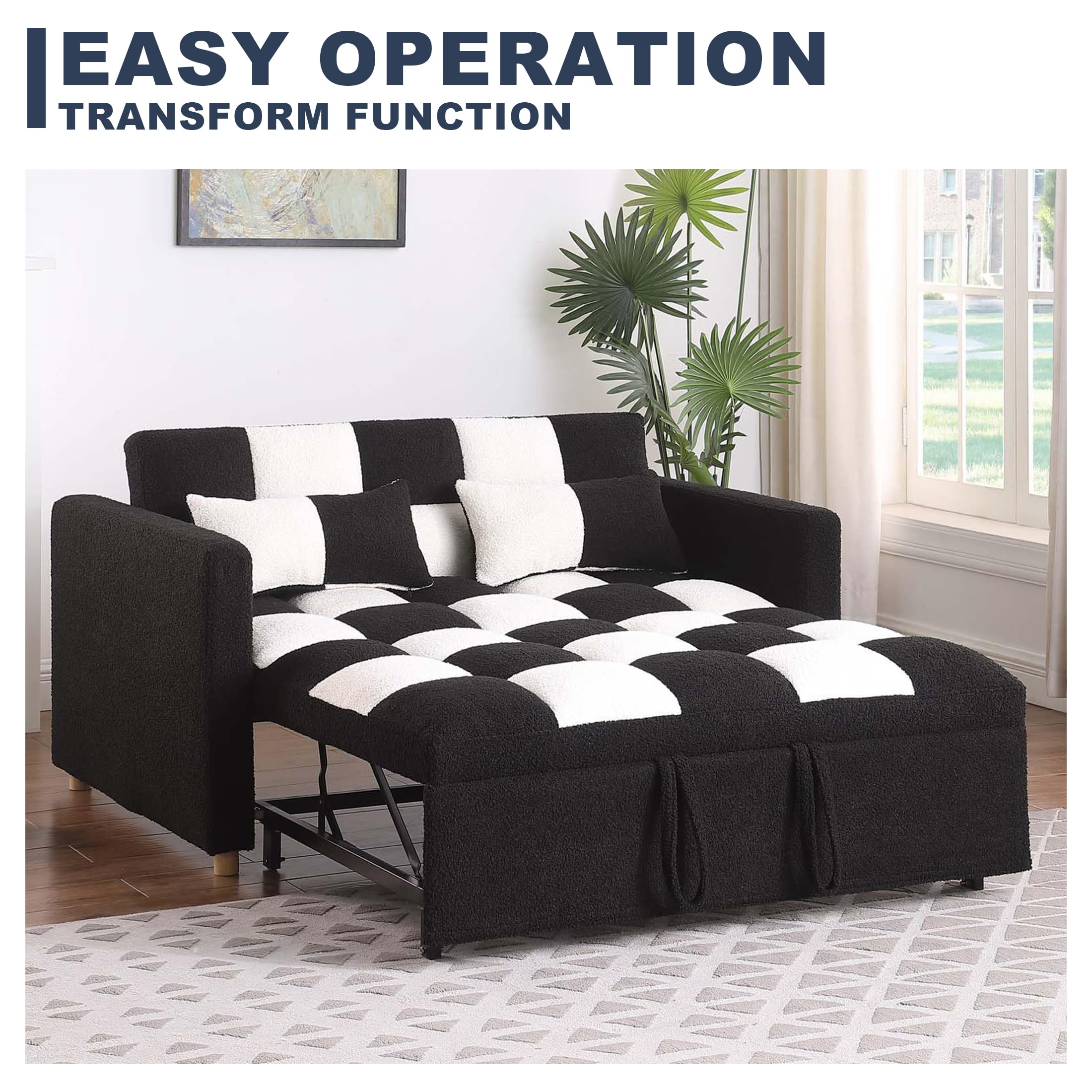 SumKea 52.76'' Convertible Teddy Sleeper Sofa Couch, Modern 3-in-1 Loveseat with Adjustable Backrest, 2 Pillows, Lounge Sofa, Couches for Living Room, Apartment, Black White