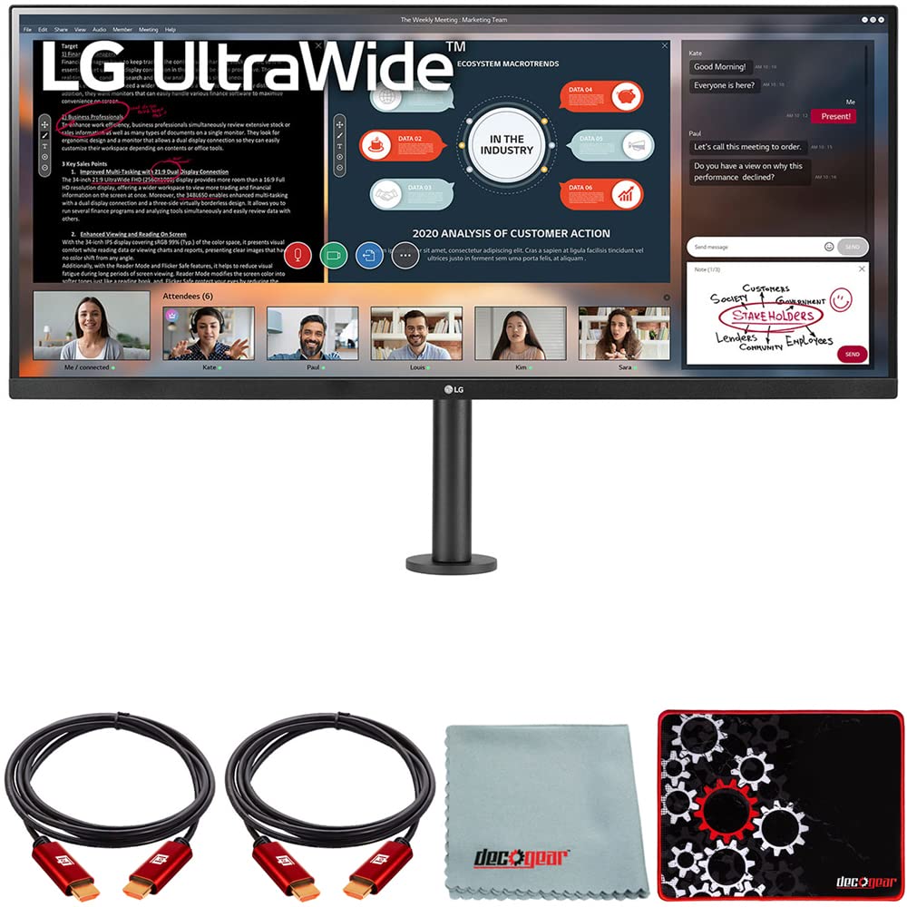 LG 34WP580-B 34 inch UltraWide FHD HDR Monitor with Ergo Stand Bundle with Deco Gear HDMI Cable 2 Pack + Gamer Surface Mousepad + Screen Cloth