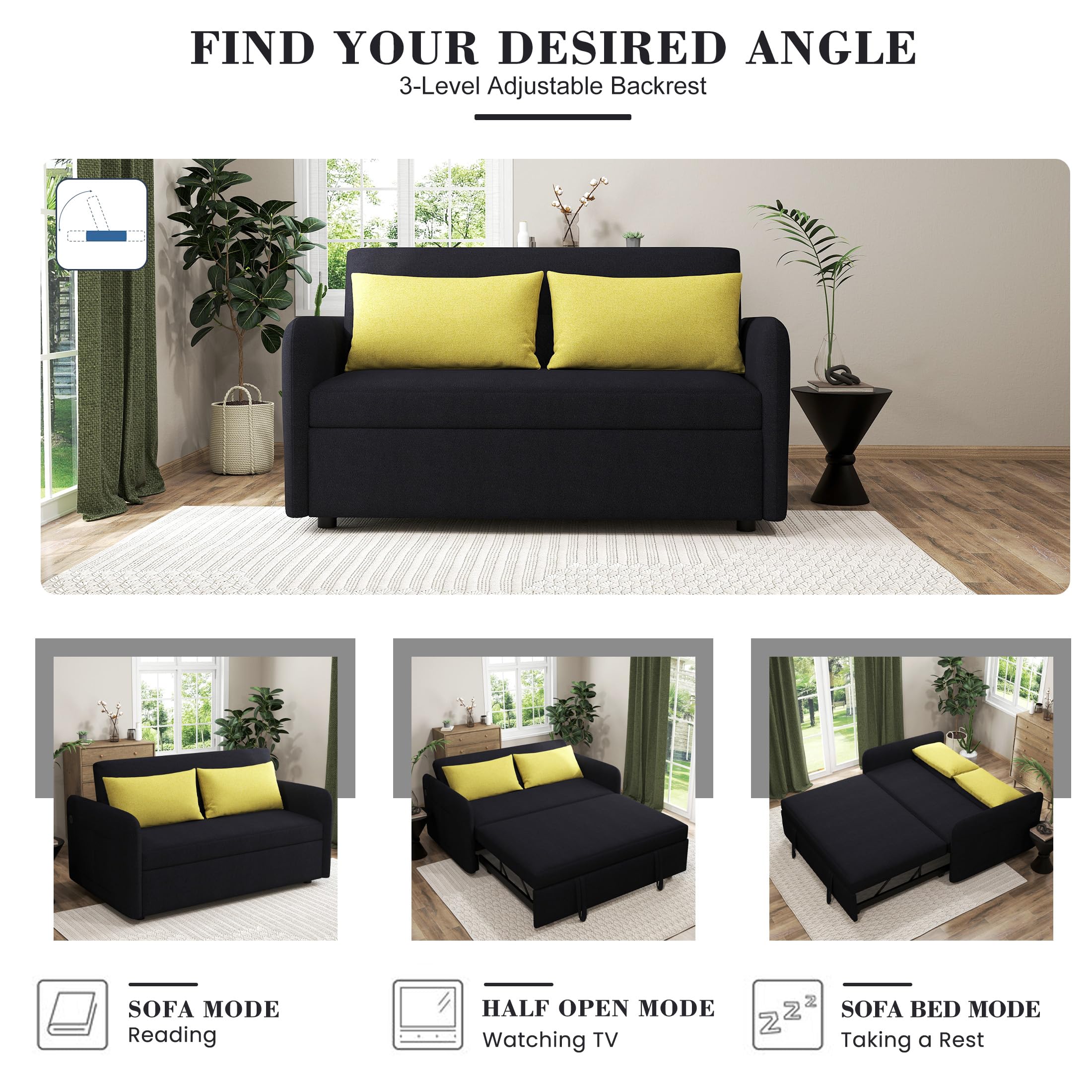 SumKea Loveseat Sleeper, Velvet Convertible Futon Bed, with Adjustable Backrest, Pillows, Pockets for Living Room, Apartment, 3-in-1 55.8", Blue